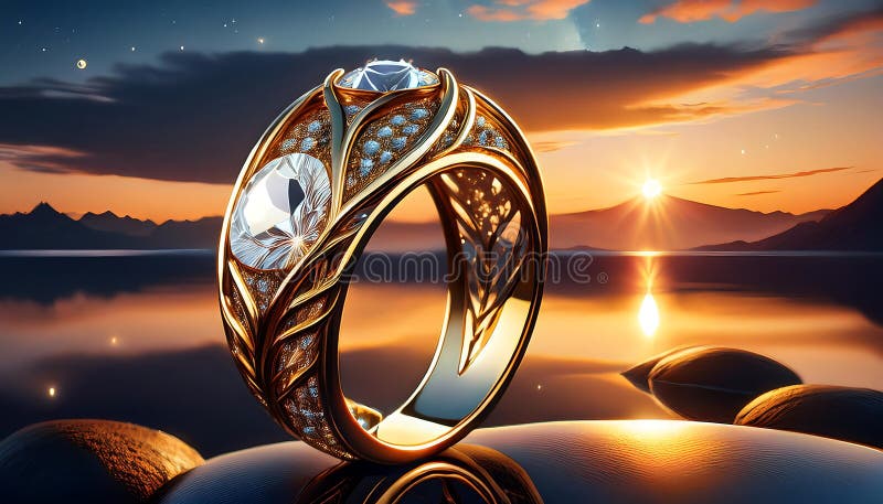 Diamond and the Moon of a Sunset Sky Gold Ring Stock Illustration ...