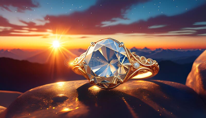 Diamond and the Moon of a Sunset Sky Gold Ring Stock Illustration ...