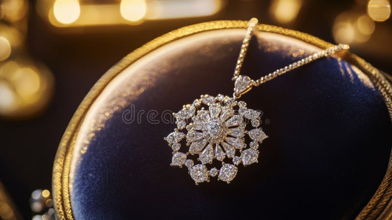 Diamond Necklace with a Large Flower-Shaped Pendant on a Blue Velvet ...