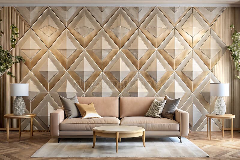 Diamond-patterned Wall and Light Brown Sofa in a Harmonious Setting ...