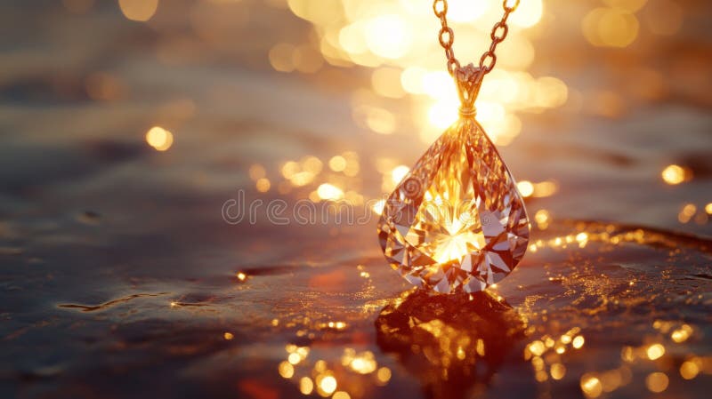 Diamond Pendant Rests on Golden Water at Sunset Stock Image - Image of ...