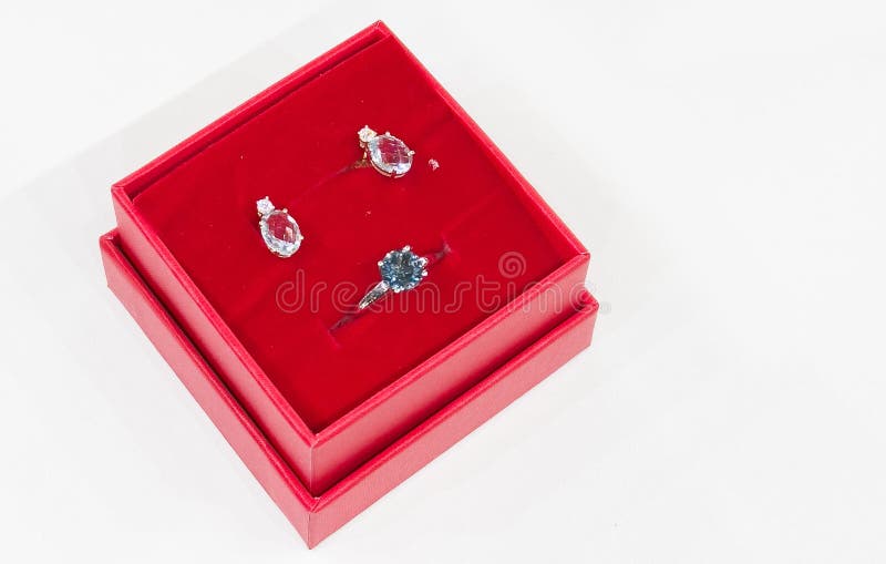 Diamond Ring and Earrings Set in Red Jewel Box Top View. Stock Photo ...