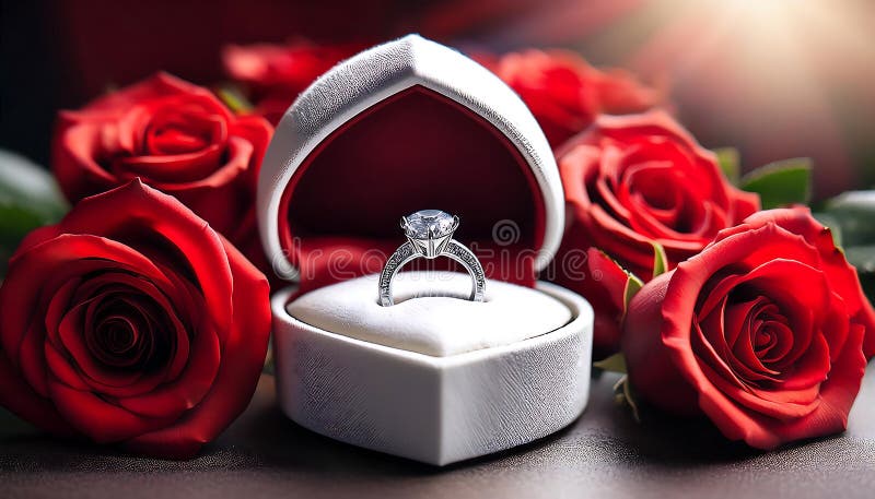 Diamond Ring in a Heart-shaped Box with Red Roses, Symbolizing Love and ...