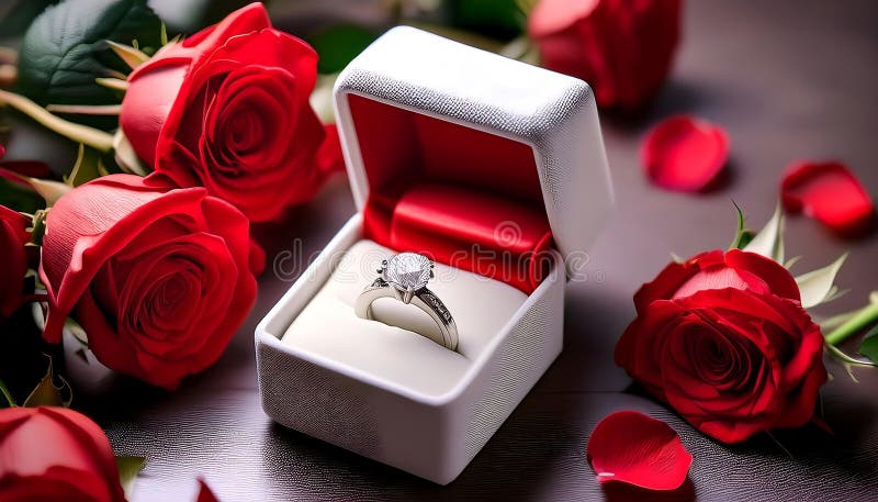 Diamond Ring in a Heart-shaped Box with Red Roses, Symbolizing Love and ...