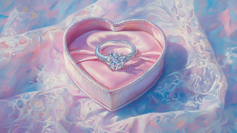 Diamond Ring in Heart Shaped Pink Box on Soft Pastel Lace Fabric ...