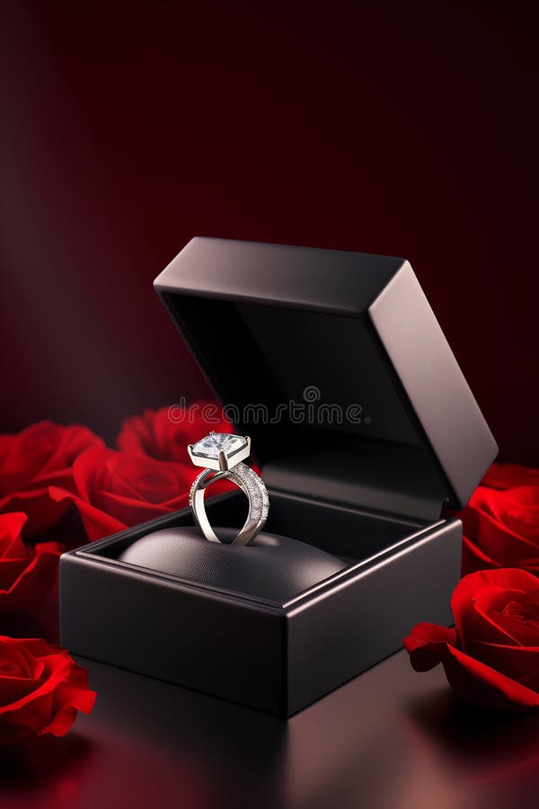 Diamond Ring in Its Box, Surrounded by Red Roses Stock Illustration ...
