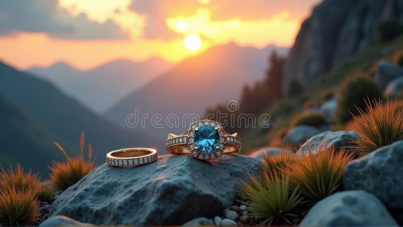 Diamond Ring on Mountain Peak at Sunset Stock Illustration ...
