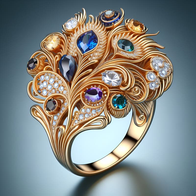 Regal Peacock Tail Ring: Diamonds and Multi-Colored Gems Stock ...