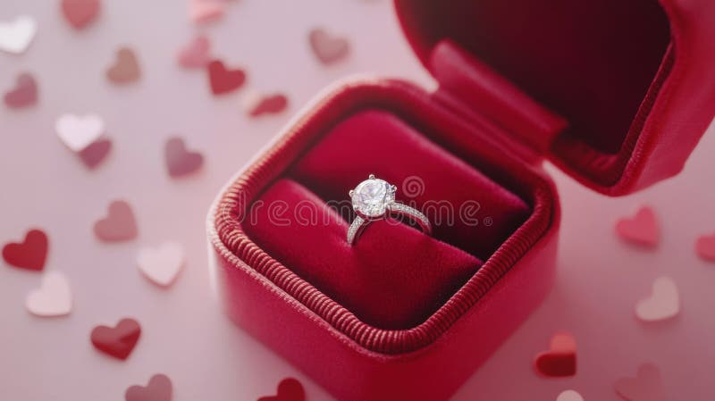 A Diamond Ring in a Red Box Surrounded by Hearts Stock Illustration ...