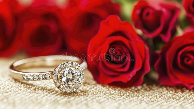 Diamond Ring with Red Roses on Beige Surface Stock Illustration ...