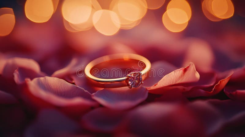 Diamond Ring Rests on Soft Rose Petals at Sunset Stock Illustration ...