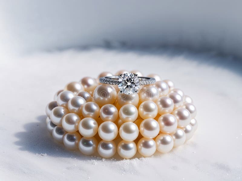 A Diamond Ring Sits Atop a Pile of Lustrous Pearls Stock Photo - Image ...