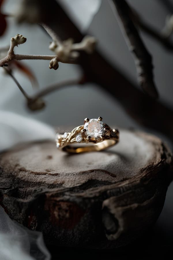 Diamond Ring on a Tree Branch. Wedding Concept. Selective Focus Stock ...