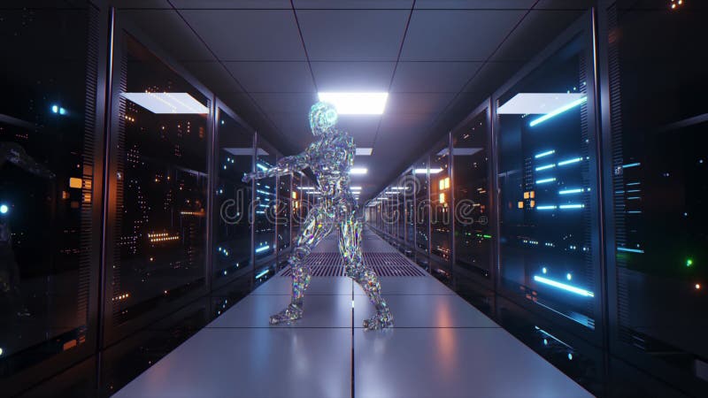 The Diamond Robot is Dancing on the Background of the Server Room ...