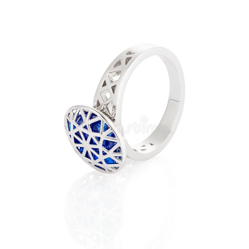 Diamond Shape Silver Ring with Blue Gems Isolated on White Background ...