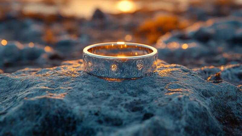 Diamond-studded Silver Ring on Rocky Surface at Sunset Stock Photo ...