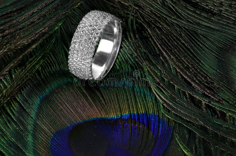 Diamond Wedding Ring Peacock Feathers Stock Photo - Image of engagement ...