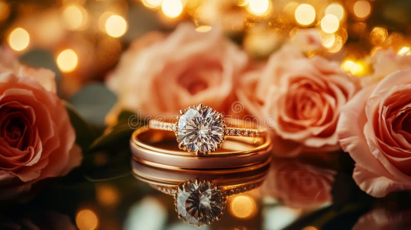 Diamond Wedding Rings with Peach Roses and Warm Lighting Stock ...