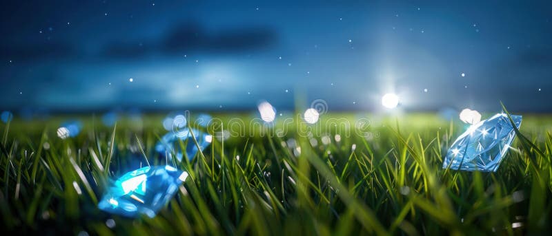 Diamonds Sparkling on Grass Under Night Sky. Generative Ai Stock ...