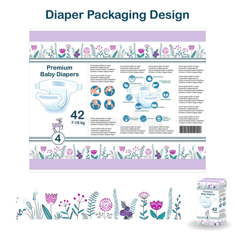 Diaper Packaging Design Elements in Doodle Forest Style. Nappy Pakaging ...