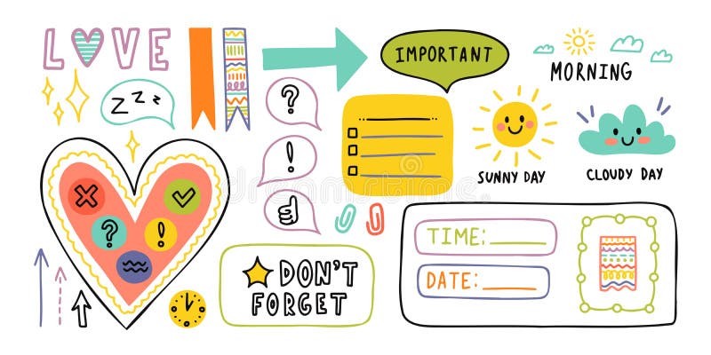 Diary Cute Note Elements. Hand Drawn Doodles Bullet Journal Banners ...