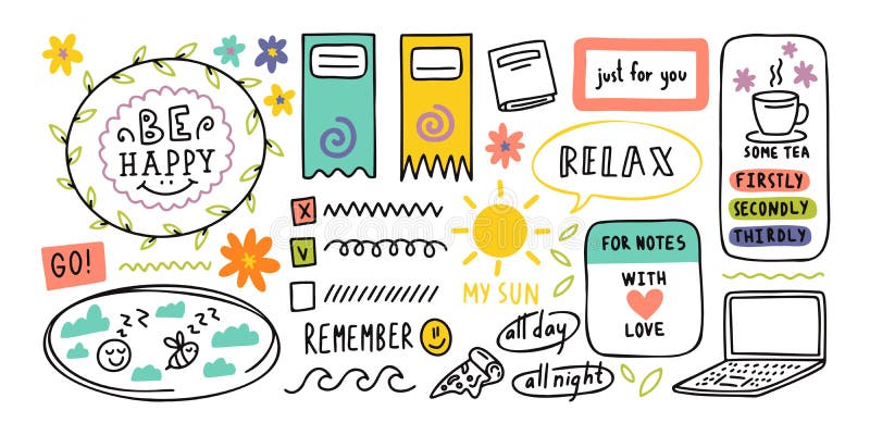 Diary Cute Note Elements. Hand Drawn Doodles Bullet Journal Banners ...