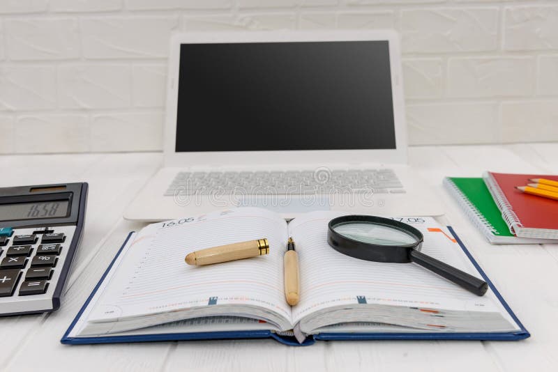 Diary with Laptop on Desk, Workplace Concept Stock Photo - Image of ...