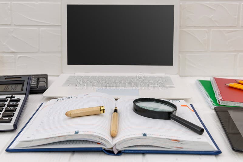 Diary with Laptop on Desk, Workplace Concept Stock Photo - Image of ...
