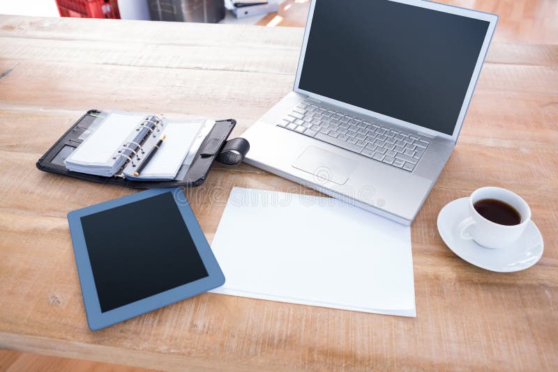 Diary with Laptop and Tablet on a Desk Stock Photo - Image of drinking ...