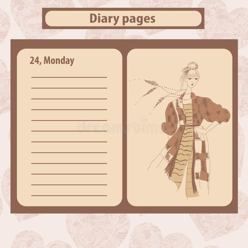 Diary or Note Pages with Illustration of Young Fashion Woman in Boho ...