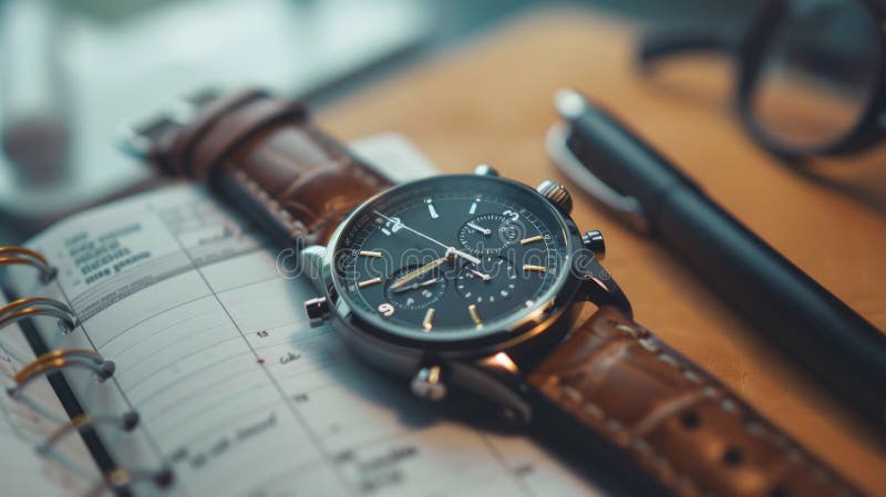 Time Management Symbolism, a Diary, a Watch, and a Calendar on a Desk ...