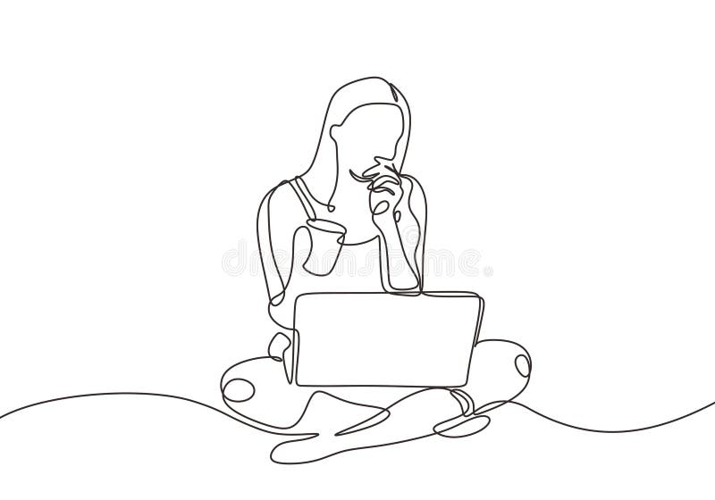 Dibujo Continuo De Una Linea De Linda Chica Sentada Con Un Portátil Y ... Dibujo Continuo De Una Linea De Linda Chica Sentada Con Un Portátil Y ...