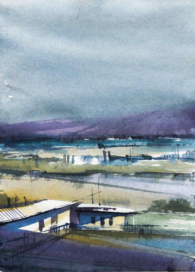 Dibujo De Acuarela De Raster Hecho a Mano En Un Pueblo Inundado Stock ... Dibujo De Acuarela De Raster Hecho a Mano En Un Pueblo Inundado Stock ...