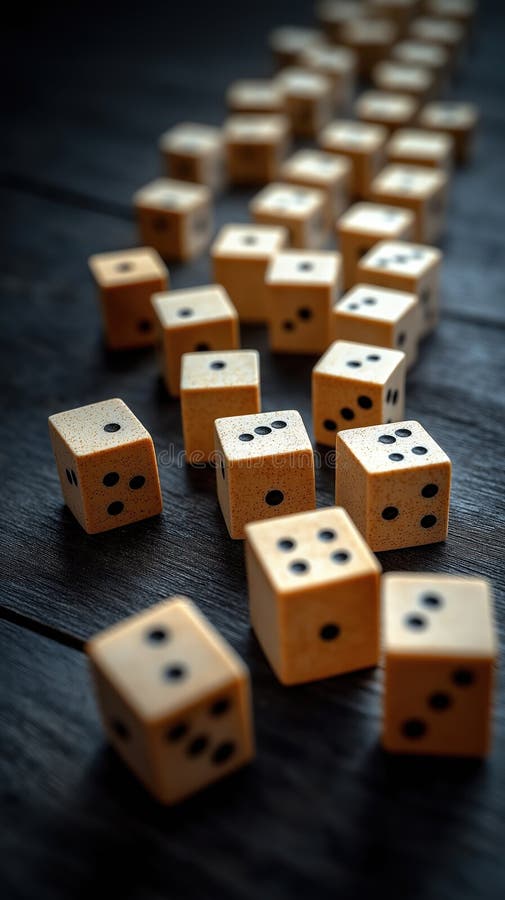 Dice Arranged in Line on Dark Surface. Various Colors, Sizes. Dice ...