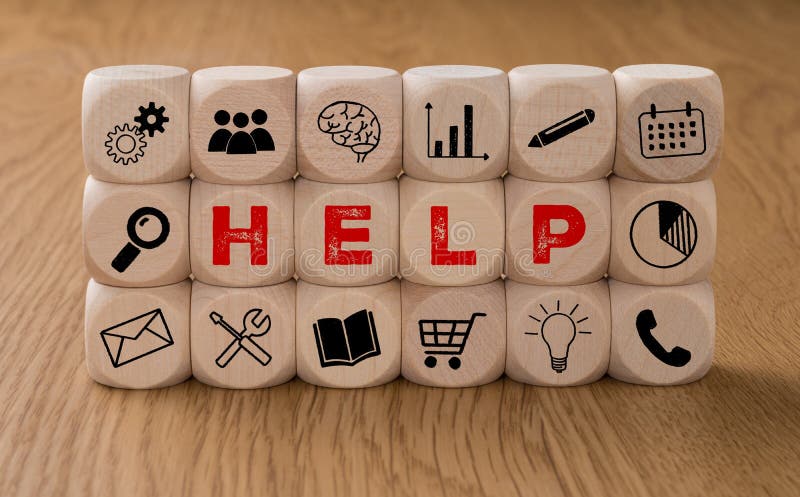 Dice with Icons and the Word Help Stock Image - Image of communication ...