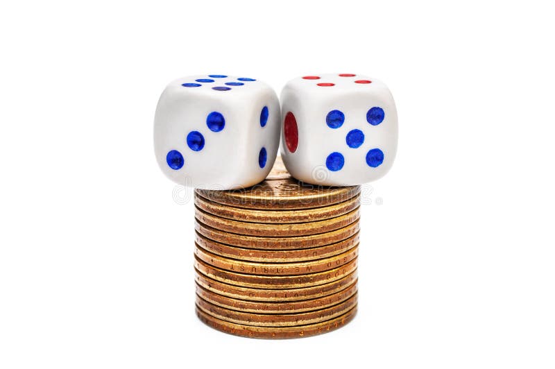 Dice on Stack of Golden Coins. Isolated on White Stock Photo - Image of ... Dice on Stack of Golden Coins. Isolated on White Stock Photo - Image of ...