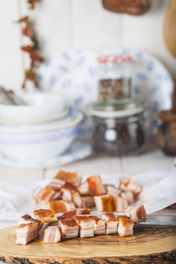 Diced Bacon on the Kitchen Table Stock Image - Image of paper, kitchen ...