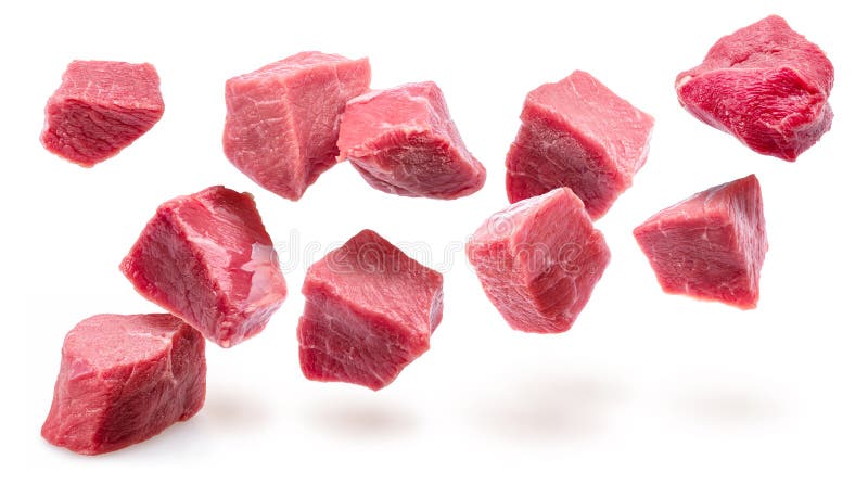 Diced Beef Cuts Levitating in Air on White Background. File Contains ...