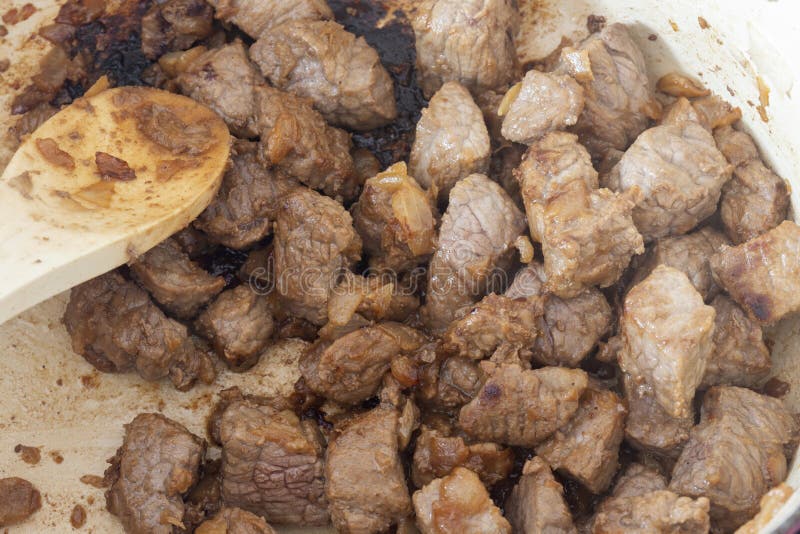 Diced Beef with Onions, Aberdeen Angus Beef, Cooking in a Casserole ...