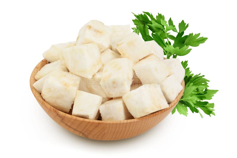 Diced Celery Root in Wooden Bowl Isolated on White Background Stock ...