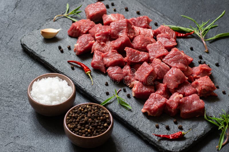 Diced Cubed Beef Meat on Stone Board Stock Image - Image of fillet ...