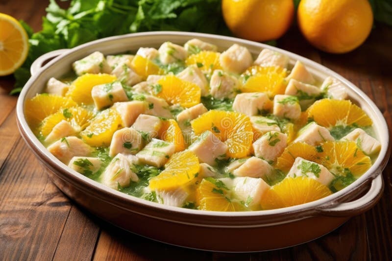 Diced Fish Cubes Marinated in a Pool of Citrus Glaze Stock Image ...