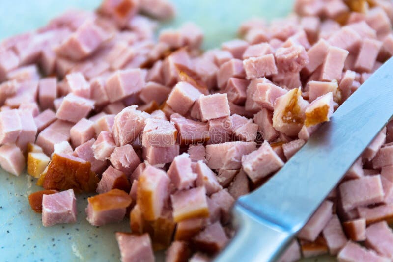 Diced Ham on a Board for Spaghetti Carbonara Stock Image - Image of ...