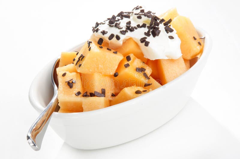 Diced Honey Melon with Cream and Chocolate Flakes Stock Photo - Image ...