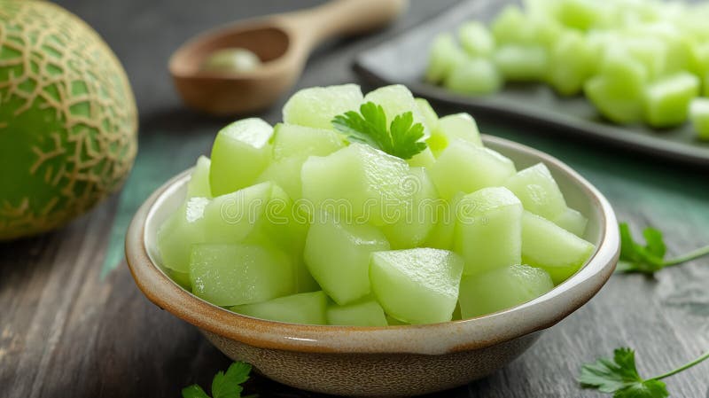 Diced Honeydew Melon Presented in a Rustic Bowl, with More Pieces and a ...