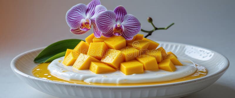 Diced Mango with Creamy Yogurt and Orchid Garnish Stock Photo - Image ...