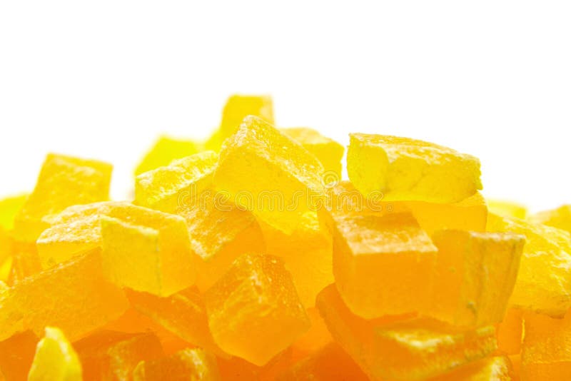 Diced Mango Dried Fruits Isolated On White Heap Of Dehydrated Mango