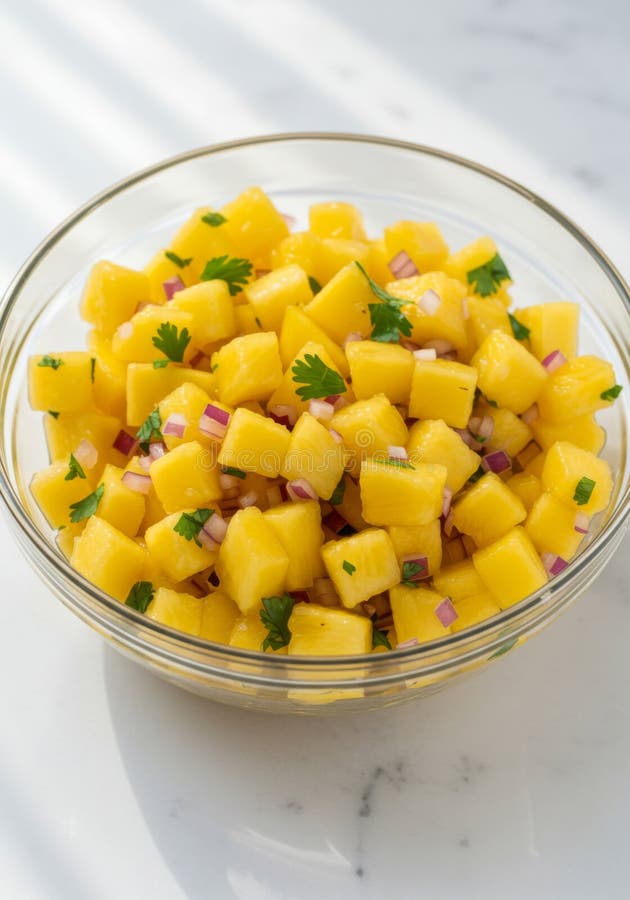 Diced Mango Salsa with Red Onion and Cilantro in Glass Bowl Stock ...