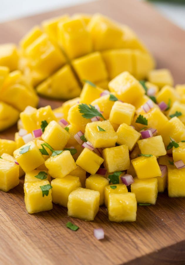 Diced Mango Salsa with Red Onion and Cilantro on Wooden Board Stock ...
