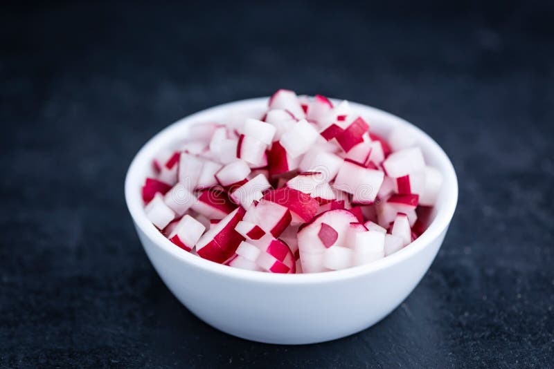 Diced Radishes on a Slate Slab Stock Image - Image of group, diced ...